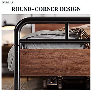 ONBRILL King Size Metal Bed Frame with Curved Wooden Headboard and Footboard, Mattress Foundation Platform Bed Frame with Under Bed Storage, No Box Spring Needed, Modern, Walnut