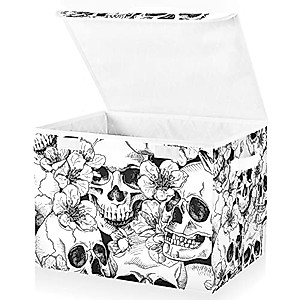 Kigai Storage Basket Abstract Skull Black White Storage Boxes with Lids and Handle, Large Storage Cube Bin Collapsible for Shelves Closet Bedroom Living Room, 16.5x12.6x11.8 In
