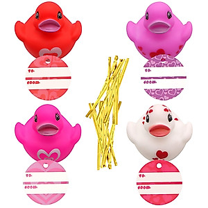 JOYIN 28 Pack Valentine’s Day Gift Cards with Gift Mini Rubber Duck Bath Toys for Classroom Exchange Prizes, Valentine Party Favors Toys
