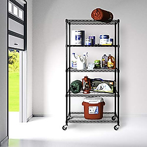 Seville Classics UltraDurable Heavy Duty NSF Solid Steel Wire Rack Storage Unit, Organizer for Garage, Warehouse, Office, Restaurant, Classroom, Kitchen, Black, 5-Tier Shelving, 36" W x 18" D