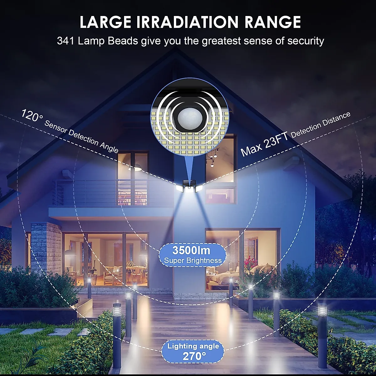 [1-Pack] Solar Outdoor Lights,Super Brightness 341 LED 3500LM Solar Motion Sensor Lights,270° Wide Angle,3 Head Security Lights with PIR,IP65 Waterproof Solar Flood Wall Lights for Garden Patio Yard