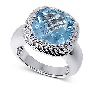 KOKAV 925 Sterling Silver Genuine Blue Topaz Checkerboard Cut 12mm Cocktail Ring. Size 7