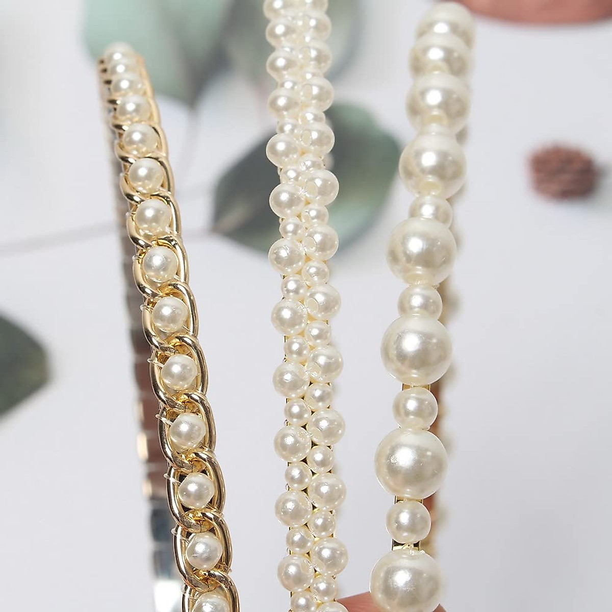 Cuizhiyu 3 Pack Pearl Headbands White Faux Pearls Gold Hairbands Bridal Hair Hoop Wedding Hair Accessories for Women Girls (Pearl)……