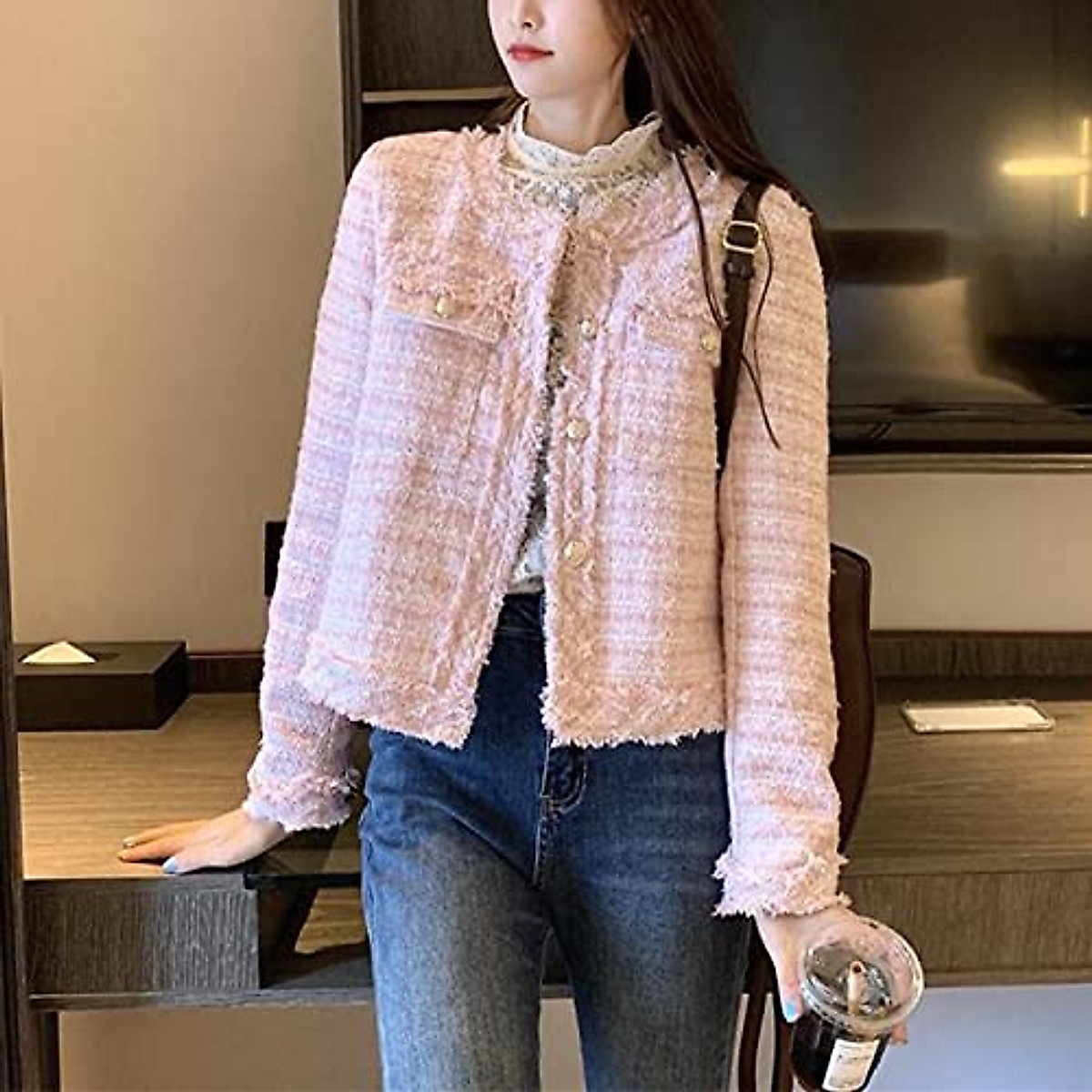 SaytoRose Women's Plaid White Tweed Blazer Open Front Collarless Blazer Elegant Work Cropped Jacket Coat(Pink,M)