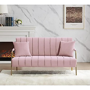60’’ Modern Loveseat Sofa Couch, Velvet Small Love Seat w/2 Pillows and Metal Legs,2-Seater Upholstered Mini Futon Sofa Couches for Small Space,Lounge Chair, Living Room Bedroom Apartments (Pink I)