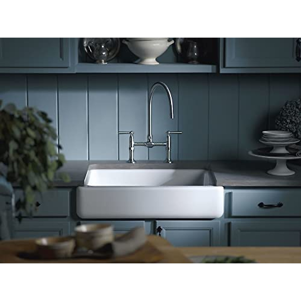 KOHLER K-6486-0 Whitehaven Farmhouse Self-Trimming Undermount Single-Bowl Kitchen Sink with Short Apron, 30 Inch, White