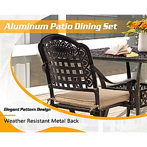 USSerenaY 5-Piece Outdoor Dining Set Cast Aluminum Patio Furniture Set All-Weather 4 Chairs and Dining Table with Umbrella Hole for Garden, Backyard (Braided+Khaki Cushion, Square Table)