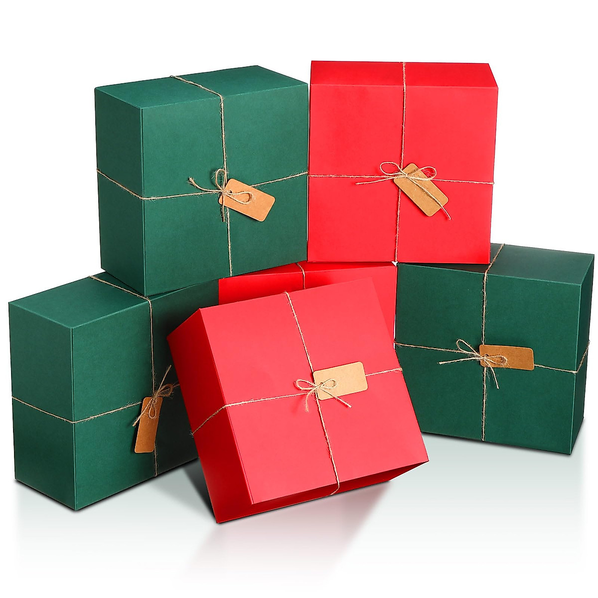 Lincia 24 Set 8'' x 8''x 4'' Mother Day Gift Boxes Square Cardboard Box with Lid Bulk Bridesmaid Proposal Square Gift Box with Jute Rope and Tag for Women Gift Wrapping(Green, Red)