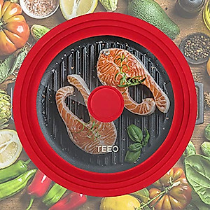 Teeo - Universal Pot Lid - Pan Cover for Frying - Drop Lid - Silicone Lids 8 - Tempered Glass Silicone Rim Cool Touch Handle Steam Vent Dishwasher Safe Skillet Multi-sized Lid (8/8.5/9.5 inches, Red)