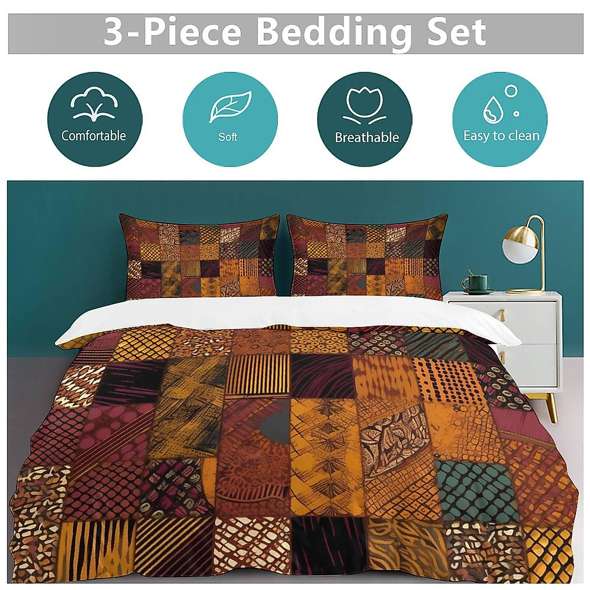 HotcoS African Style Patchwork Comforter Set Queen 3 Pieces Bedding Set Lightweight Soft Bedding Comforter Sets for All Season with 1 Duvet Cover 90"x90" 2 Pillow Shams 30'' X 20''