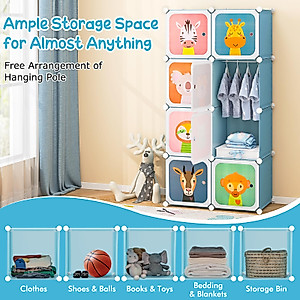 HONEY JOY Kids Wardrobe Closet, Baby Cartoon Clothes Storage Organizer, 8 Cubes & 2 Hanging Sections, Portable Children DIY Modular Bedroom Armoire Dresser Cabinet for Boys Girls (Blue, 8-Cube)