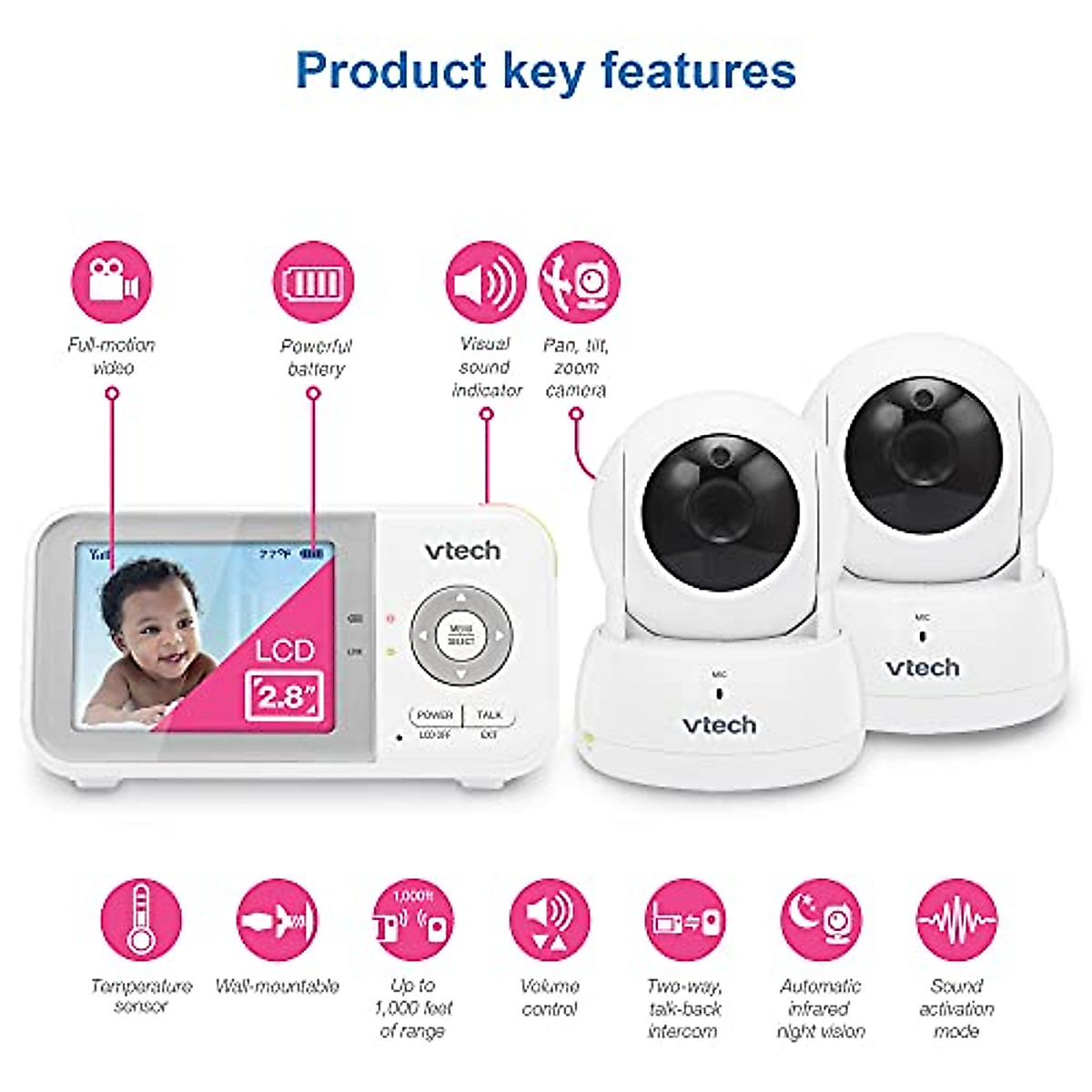 VTech VM923-2 Baby Monitor, 2.8”Screen, 1000ft Range, Pan-Tilt-Zoom, Night Vision, 2-Way Audio, Temperature Sensor, Lullabies, Secured Transmission No WiFi