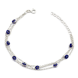Evil Eye Bracelets 925 Sterling Silver - Triple Chain Protection Blue Ojo Turco Bracelet for Women - Womens Dainty Boho Jewelry - Kabbalah Lucky Amulet - Adjustable Size 6-8 (Blue)