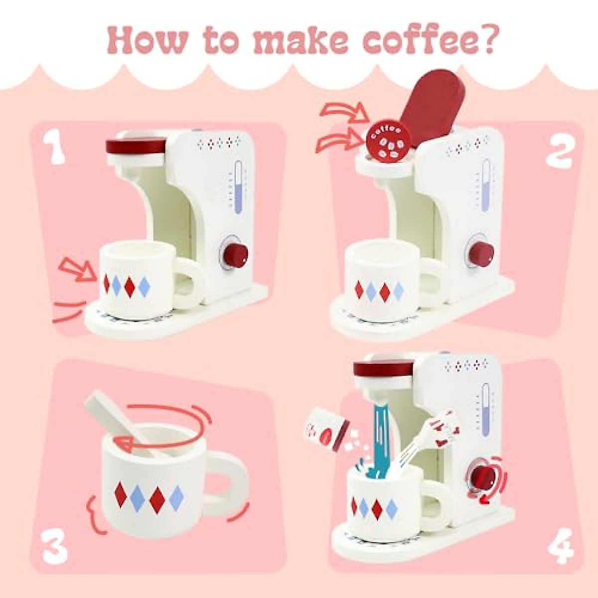 OsetToys Kids Coffee Maker Playset, Wooden Coffee Set Play to Learn Coffee Making Routine , Multi - Pretend Play Kitchen Accessories Kids Coffee Maker Play Set for Girls and Boys