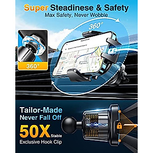 VANMASS 7.0 Upgraded Car Phone Holder Mount [Never-Drop Steel Hook] & [A Cable Clip], Stable A+ Car Vent Phone Mount, Auto Cell Phone Holder, Handsfree Cradles for iPhone 14 13 12 11 Pro Max Samsung