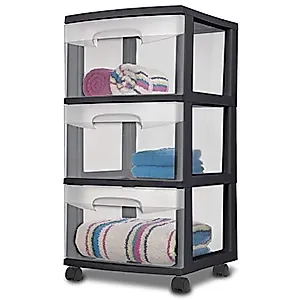 Sterilite 28309002 3 Drawer Cart, Black Frame with Clear Drawers and Black Casters, 2-Pack