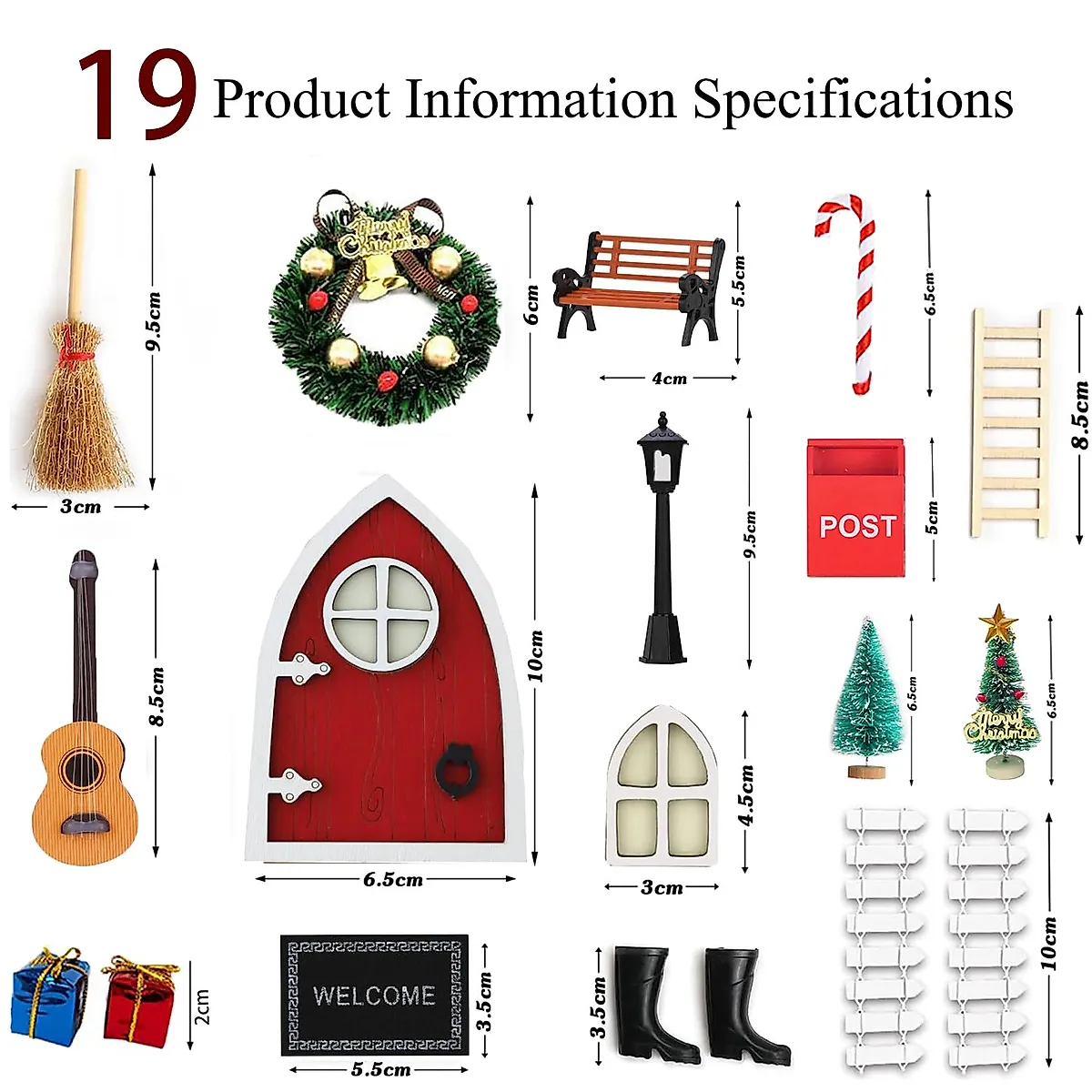 Christmas Elf Girl Fairy Doors, Miniature Elf Door Enchanted Fairy Doors, Elf On the Shelf Door Lantern Light Strip Christmas Tree Wreath Wooden Ladder Carpet Miniature Garden Furniture (22 Pcs)