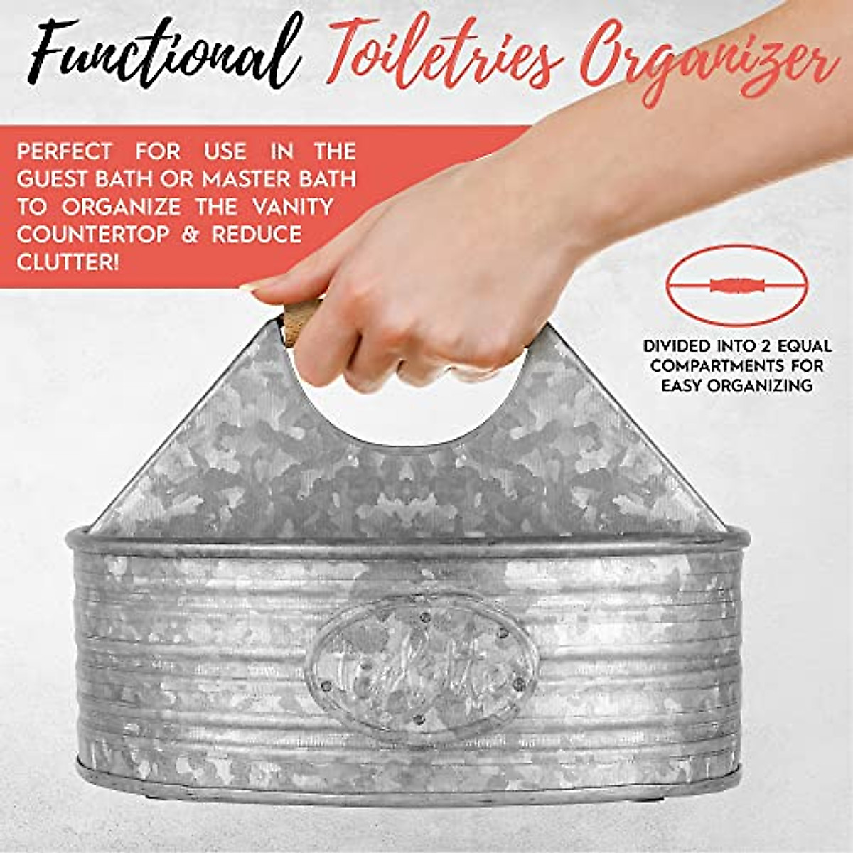 Autumn Alley Farmhouse Rustic Shower Caddy Basket for Bathroom - Toiletries Countertop Organizer, Decorative Bathroom Caddy, Galvanized Bathroom Accessories with Toilette Label, 8.25" x 6", Small