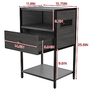LDTTCUK Nightstand with Charging Station, Modern End Table with Drawer, Bedside Table with Open Storage for Bedroom, Grey