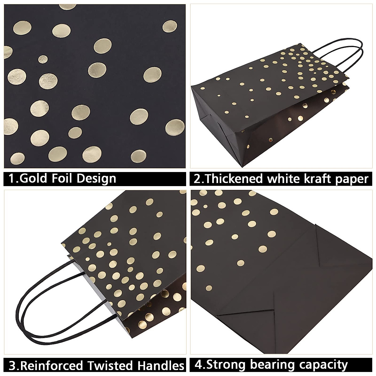 ECOHOLA Black and Gold Foil Paper Gift Bags with Black Handles, 25 Pieces Metallic Gold Foil Polka Dot for Presents, Retails, Christmas or New Year Party Favors, 9"x5.5"x3.2
