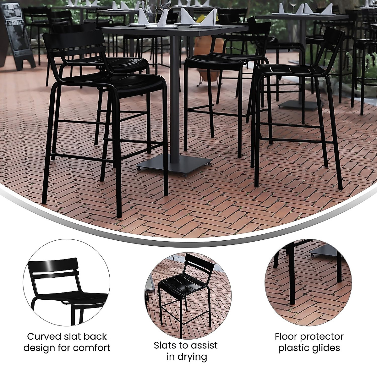 Flash Furniture Nash Commercial Grade Steel Stack Stool, Indoor-Outdoor Bar Stool with 2 Slat Back, Set of 4, Black
