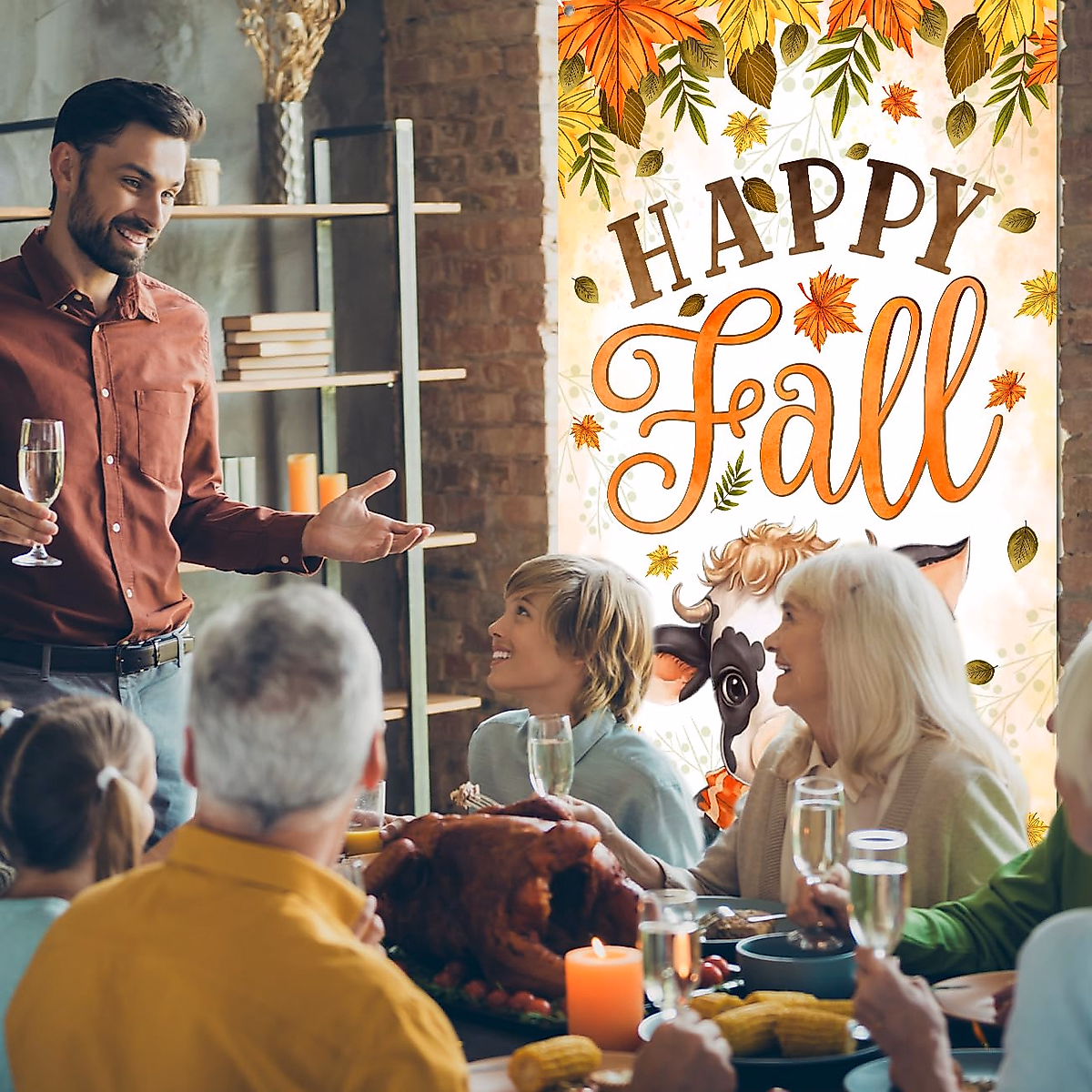 Happy Fall Door Cover Fall Party Decorations Baby Cow with Scarf Fall Festival Decorations Pumpkin Door Banner for Autumn Harvest Thanksgiving Party Supplies