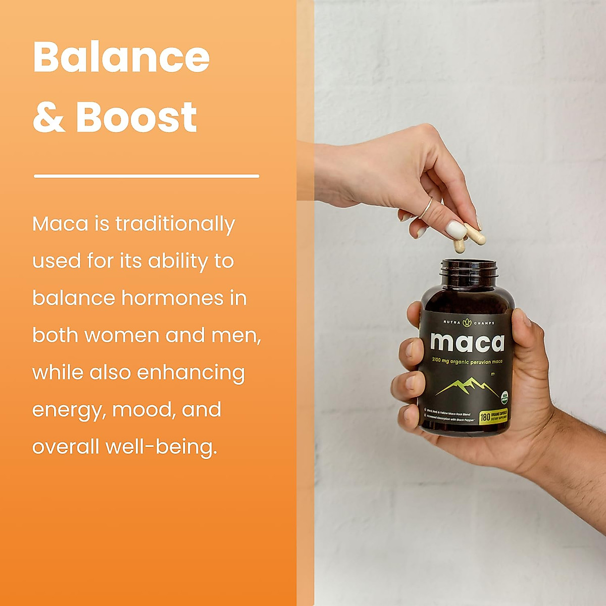 Organic Maca Root Capsules for Women & Men | 2100mg, 180 Vegan Capsules | Black, Red & Yellow Peruvian Gelatinized | Highest Potency Maca Root Powder Supplement | Supports Mood, Reproduction & Energy