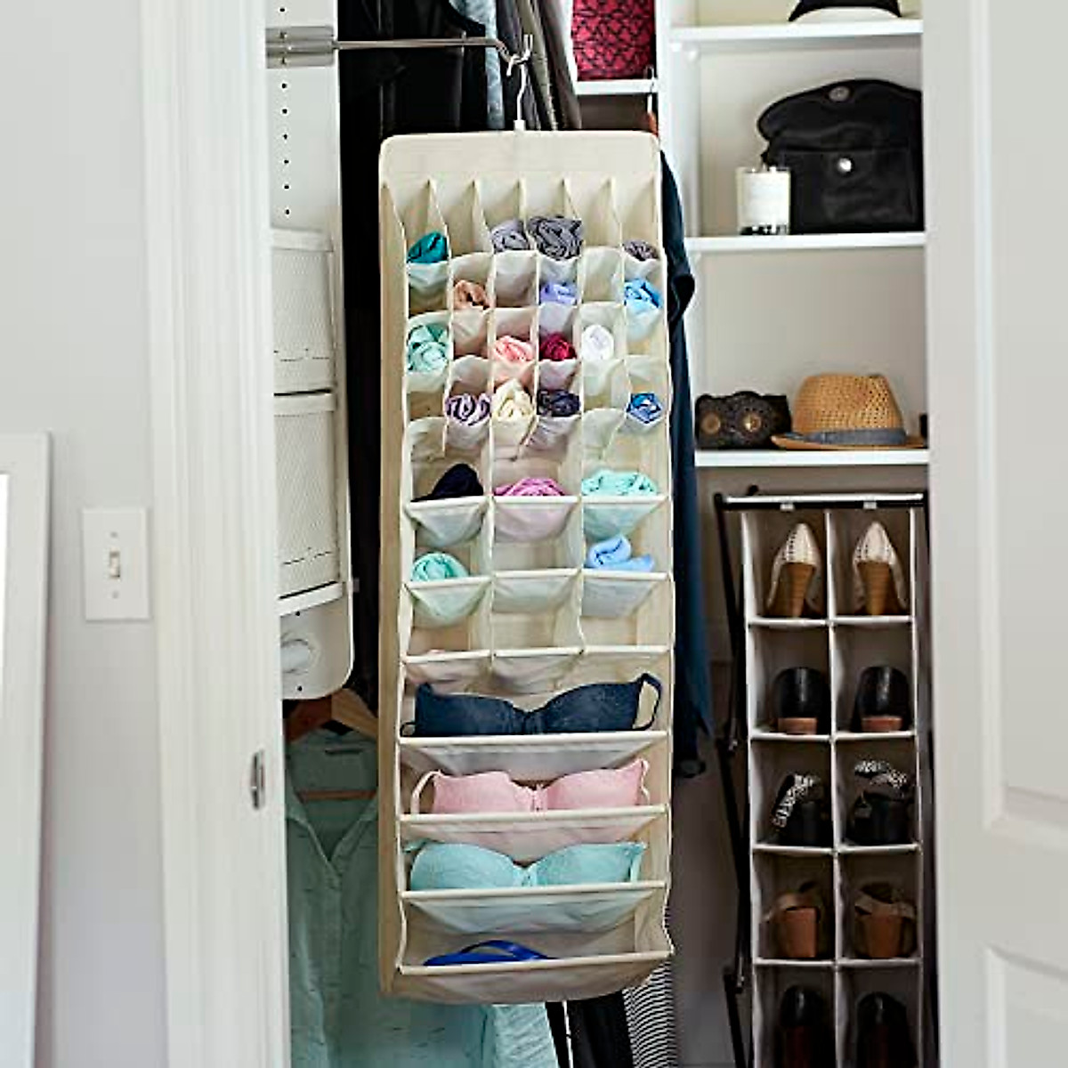 Household Essentials Lingerie Hanging Organizer, 37 Poly-Cotton Blend Fabric Pockets, 24 Small, 9 Medium and 4 Large, Great for Rod or Wire Closets, Natural