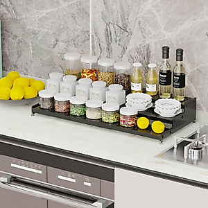 Wobmmi Expandable Spice Rack organizer with 3-Tier step shelf,Modern Design heavy duty,Non Skid and Visibility,Great for Kitchen Cabinet, Pantry and more(1PACK/BLACK)