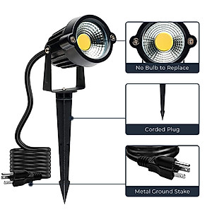 Yard Spot Lights Outdoor Landscape Lights, 5W 3000K COB Bright Spotlights Rain-Proof Garden Lights Walls Trees Flags Lawn Decorative Lamp Outdoor Spotlights with Spike Stand, Warm White, 1 Pack