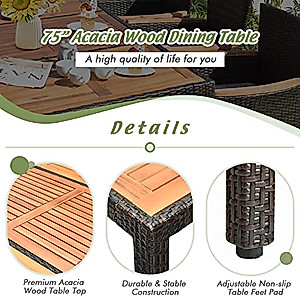 GLACER 9 Pieces Outdoor Patio Dining Set, 75" Large Acacia Wood Wicker Dining Table & Stackable Cushioned Chair Set, Rattan Dining Furniture Set for Backyard, Garden, Poolside, Patio Dining Set for 8