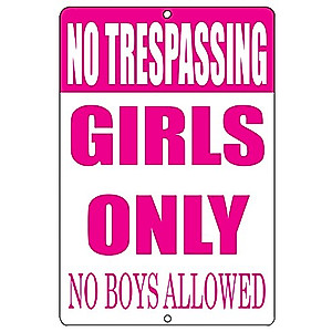Rogue River Tactical Funny No Trespassing Girls Only Metal Tin Sign, 12x8 Inch, Wall Décor- Bar Daughter No Boys Allowed Bedroom Door (Pink)
