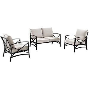 Crosley Furniture Kaplan 3-Piece Outdoor Loveseat Patio Furniture Set, Conversation Sets for Porch, Deck, Oiled Bronze with Oatmeal Cushions