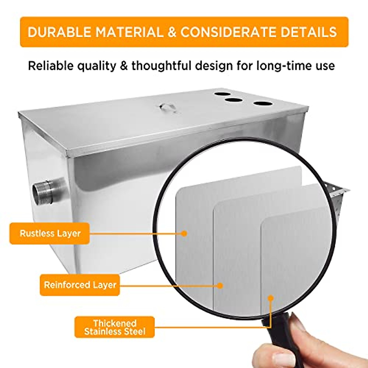 Ganggend Upgraded Commercial Grease Trap, 10LBS Grease Interceptor Trap, 5GPM Stainless Steel Grease Trap Interceptor Set with Removable Baffles for Restaurant, Canteen, Kitchen Wastewater