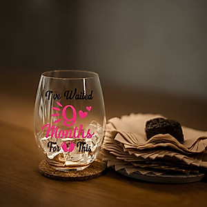 Perfectinsoy I've Waited 9 Months For This Wine Glass with Gift Box, Funny New Mom Stemless Wine Glass, Mother's Day Gift for Mom, Birthday Gifts for New Mom, Post Pregnancy Gifts for New Mom (girl