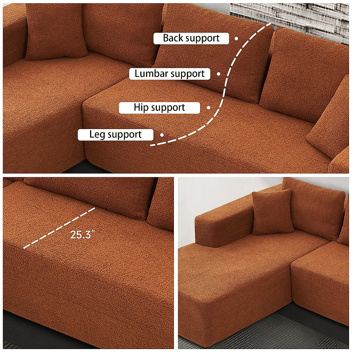 BAMOOLI 104'' Modular Sectional Couch, Modern L-Shape Sectional Sofa with Chaise Lounge, Comfy Lambswool Fabric Corner Sofa Couch, Upholstered 5 Seater Couch for Living Room, Bedroom, Apartment,Orange