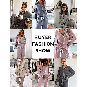 EkouaerWomen's Winter Warm Long Sleeve Sleepwear Soft Loungewear Nightwear 2 Piece Sleep Set (Dark Blue,S)