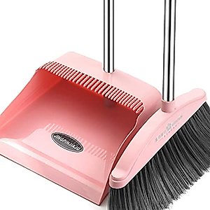 MIYUE Broom and Dustpan Set for Home - Dust Pans with Long Handle - Outdoor Indoor for Home Kitchen Room Office,Must Haves for Home, Pink