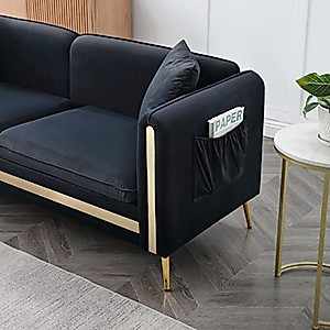 HomSof 77.2” Modern Upholstered Velvet Sofa Couch with Removable Cushions Side Pocket Gold Metal Legs, 2 Pillows Included, Black(3-Seater)