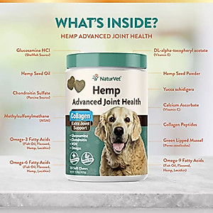 NaturVet Hemp Advanced Joint Health Dog Supplement Soft Chews –Helps Support Joint Health in Dogs – Includes Hemp Seed, Collagen, Glucosamine, MSM, Chondroitin, Omegas – 120 Ct.