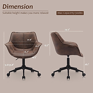 HOOLETE Vintage Faux Leather Desk Chair, Mid Century Modren Office Chair with Wheels, Ergonomic Computer Task Chair, Swivel Upholstered Vanity Chair with Arms for Makeup, Brown