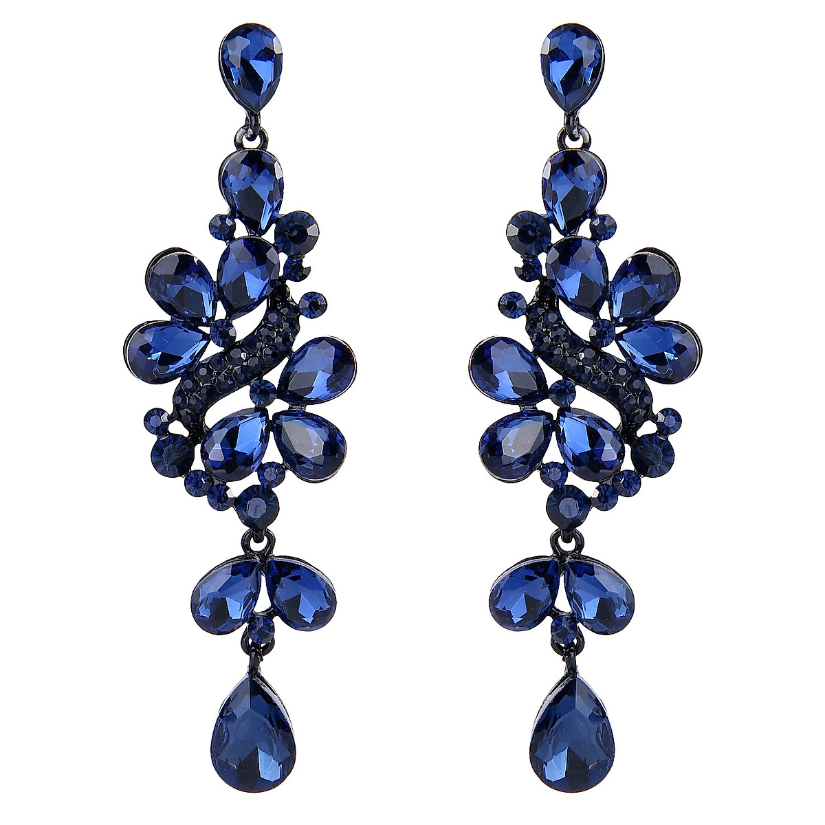BriLove Wedding Bridal Dangle Earrings for Women Victorian Style Crystal Cluster Teardrop Leaves Dangle Earrings Navy Blue Sapphire Color Black-Silver-Tone