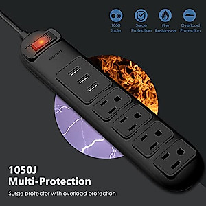 Power Strip Surge Protector with 4 AC Outlets & 3 USB Ports, Manymax 6 Ft Extension Cord, 1050J Surge Protection, Overload Protection (125V/15A/1875W), Wall Mount for Home, Office, Dorm-Black (1 Pack)
