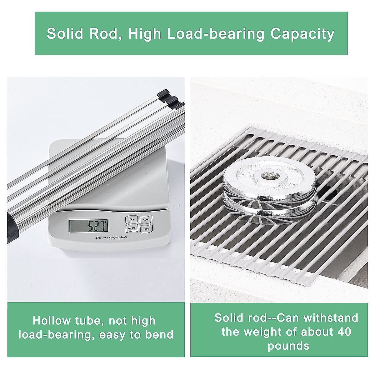 Roll Up Dish Drying Rack, ABQ Over Sink Dish Drying Rack, Foldable All Silicone Coated Rolling Sink Rack Mat Stainless Steel Dish Drainer for Kitchen (17.5''x13'')