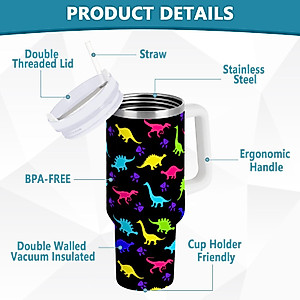 Emelivor Colorful Dinosaurs 40 oz Tumbler with Lid and Straw Insulated Tumblers with Handle Travel Coffee Mug Cup Large Water Bottles Cup for Men Women Sports Gym