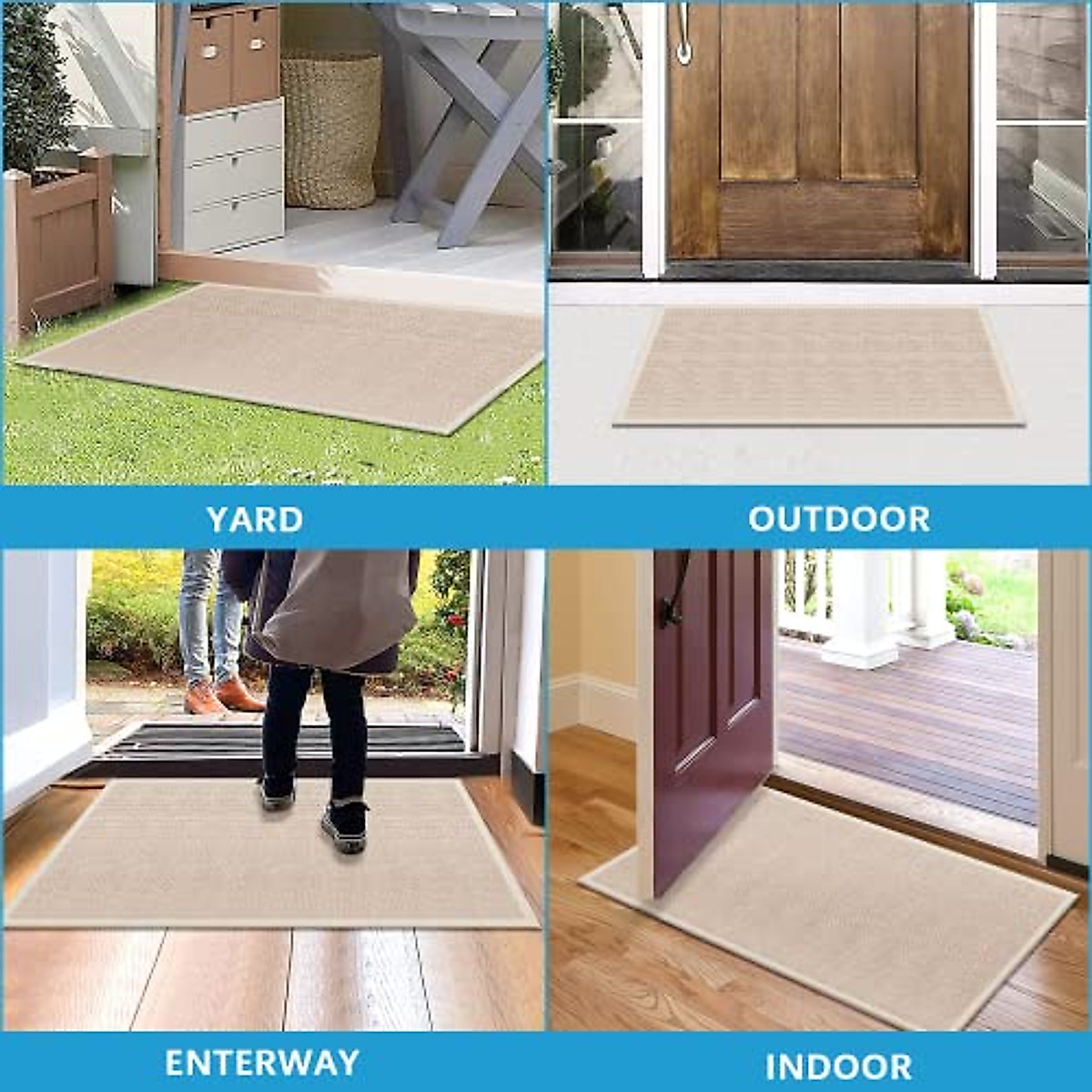 Indoor Door Mat Rug Non Slip, Washable Entry Mat Entry Way Rug, Long Outdoor Door Mat Waterproof, Entryway Mat Front Rubber Door Mat Outdoor Entrance, Low Profile Doormat Entry Rug, Beige