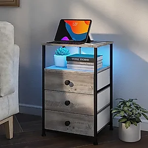 Tohomeor Nightstand with Charging Station USB Outlet and LED Light End Table Dresser with 3 Fabric Drawers and Storage Shelf for Bedroom Living Room Sofa Beside (1, Greige)