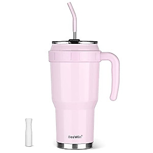 BesWin 40 oz Tumbler with Handle and Straw, Stainless Steel Vacuum Insulated Tumbler with Straw Lid - Travel Coffee Mug Iced Coffee Cup - Keeps Cold for 36 Hours, Leakproof - 40 oz, Pale Pink