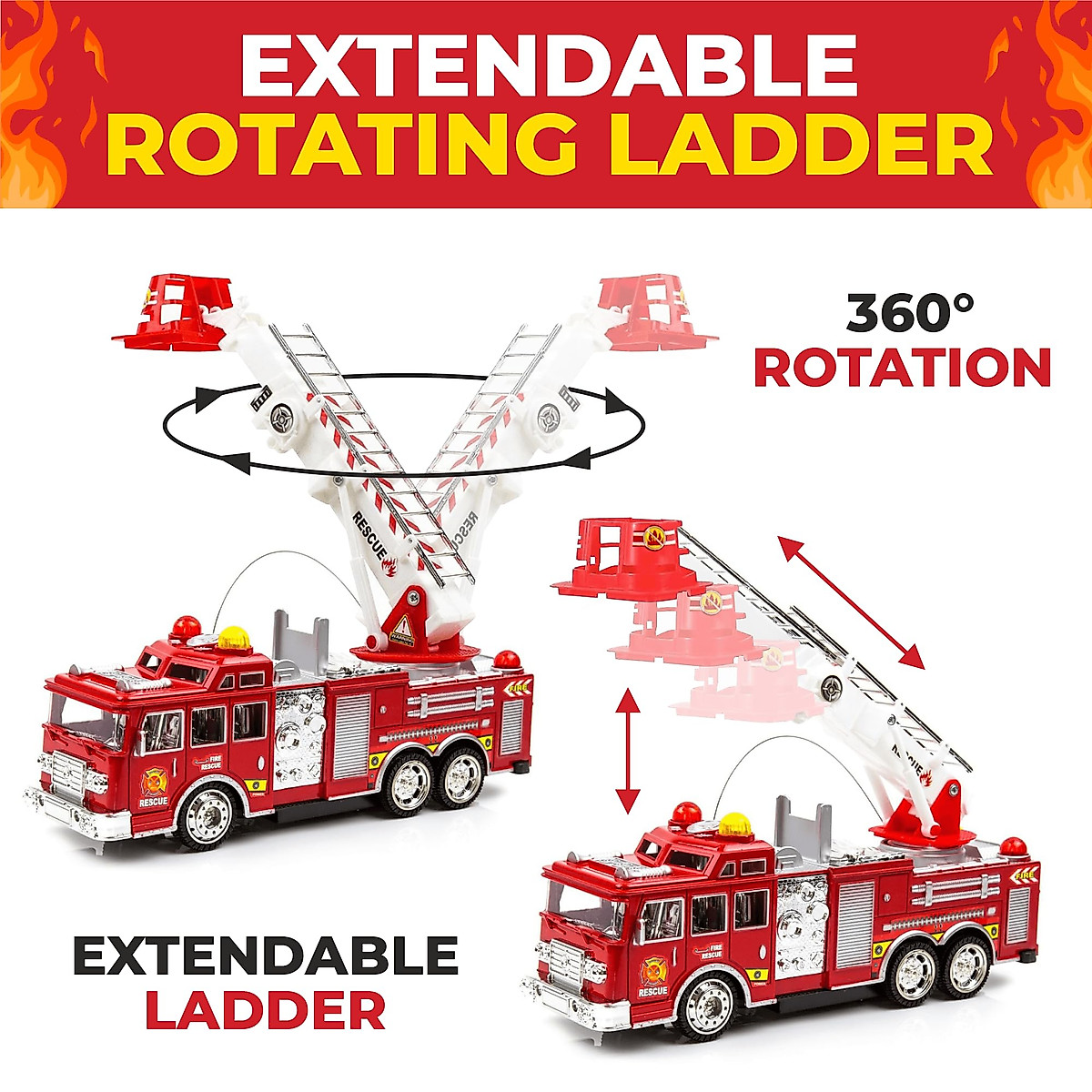 Toysery Fire Truck Toy with Flashing Lights & Siren Sounds for Kids, Extendable Rotating Ladder, Bump and Go Action, Role Play Toy for Boys & Girls, Kid Car Toy Trucks, Ages 3-7+
