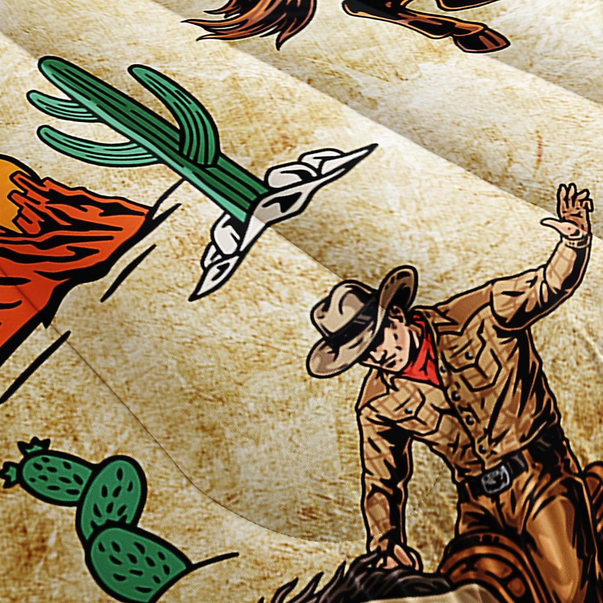 AILONEN Western Cowboy Comforter Set Twin Size, Rodeo Cowboy Riding Bull with Cacti Western Style Bedding Set for Girls Boys Girls,Ranch Jomon Bed in a Bag Duvet Set,1 Quilt and 2 Pillowcases,3PCS